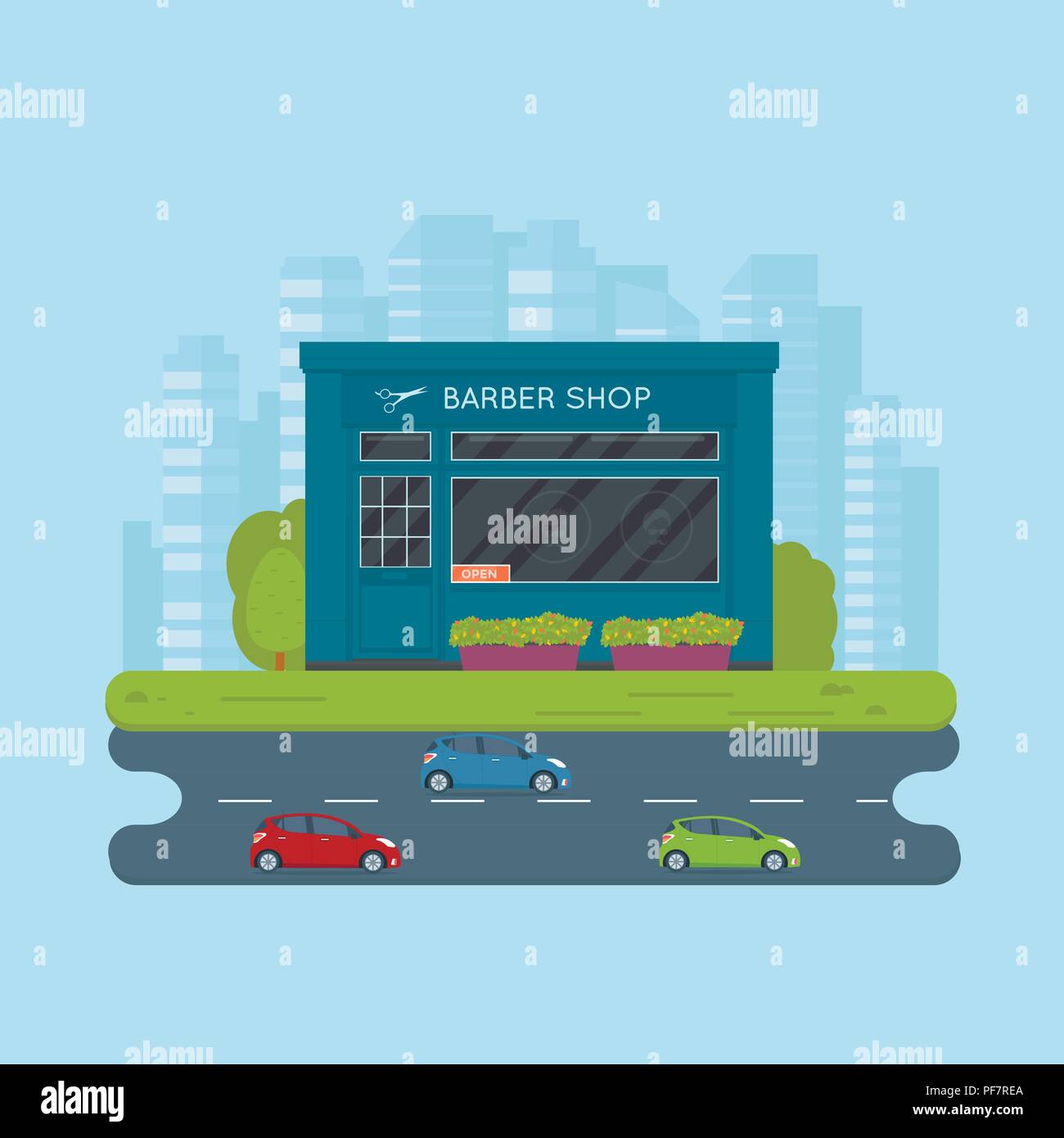 Vector flat design exterior and barber shop facade. Store front window ...