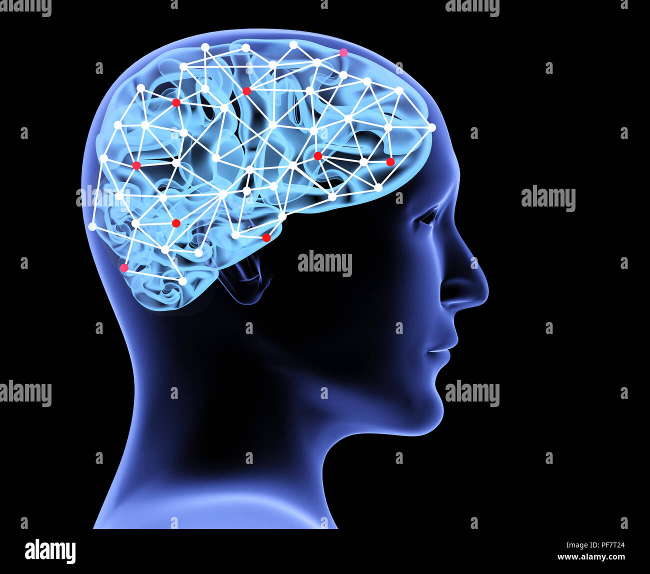 Transparent head of man and neural network of brain with a problematic ...