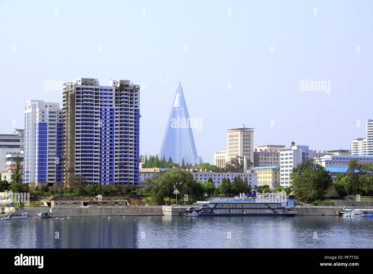 Aerial view of new residential complex and Daedong River (Taedong River ...