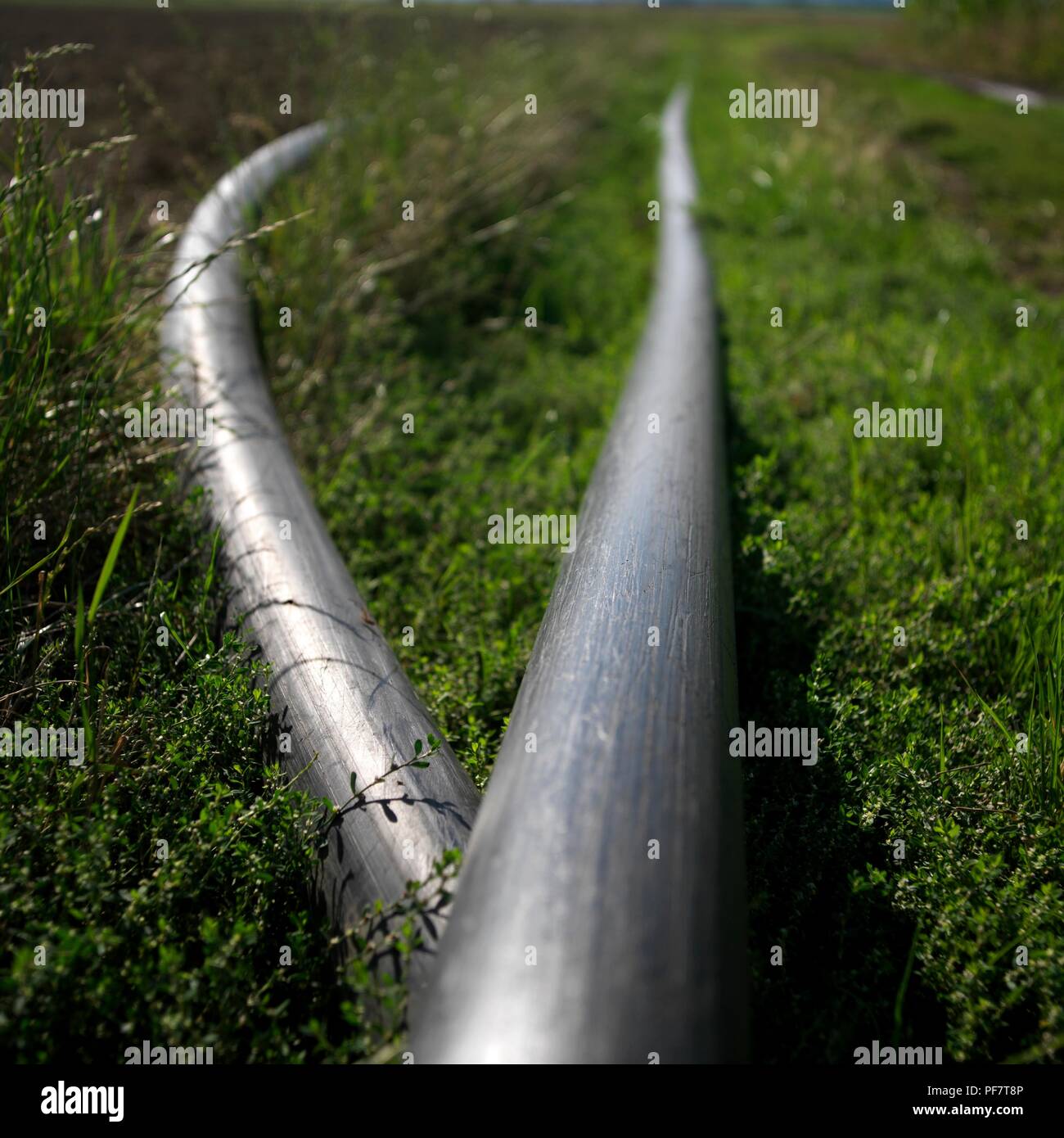 High angle shot of long pipes in the grass - perfect for a background ...