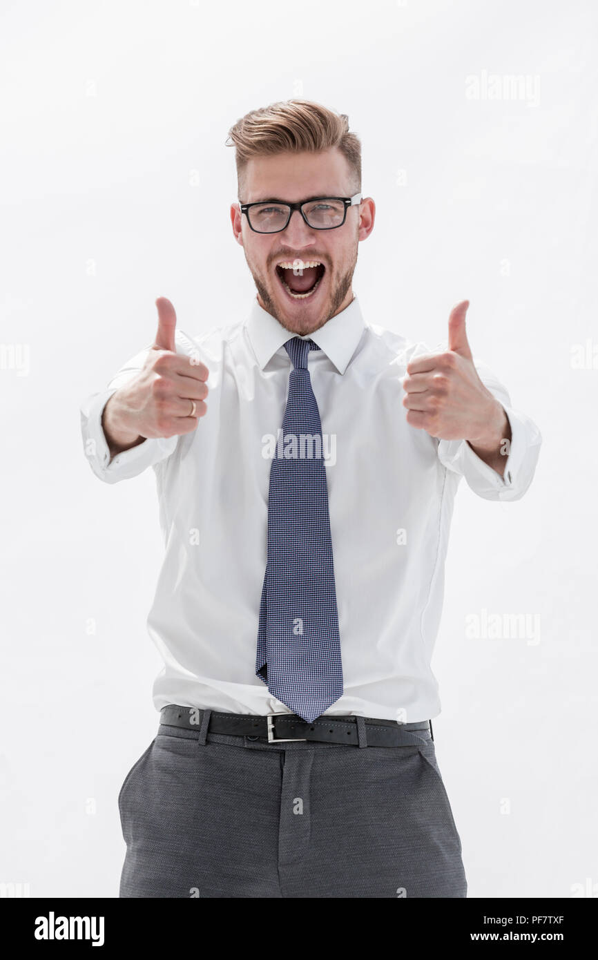 Cheerful businessman showing thumbs up hi-res stock photography and ...