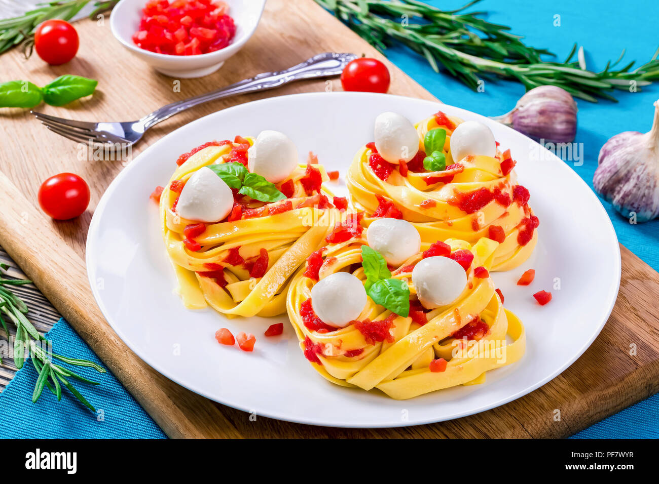 italian pasta with mozzarella, close-up, top view Stock Photo - Alamy