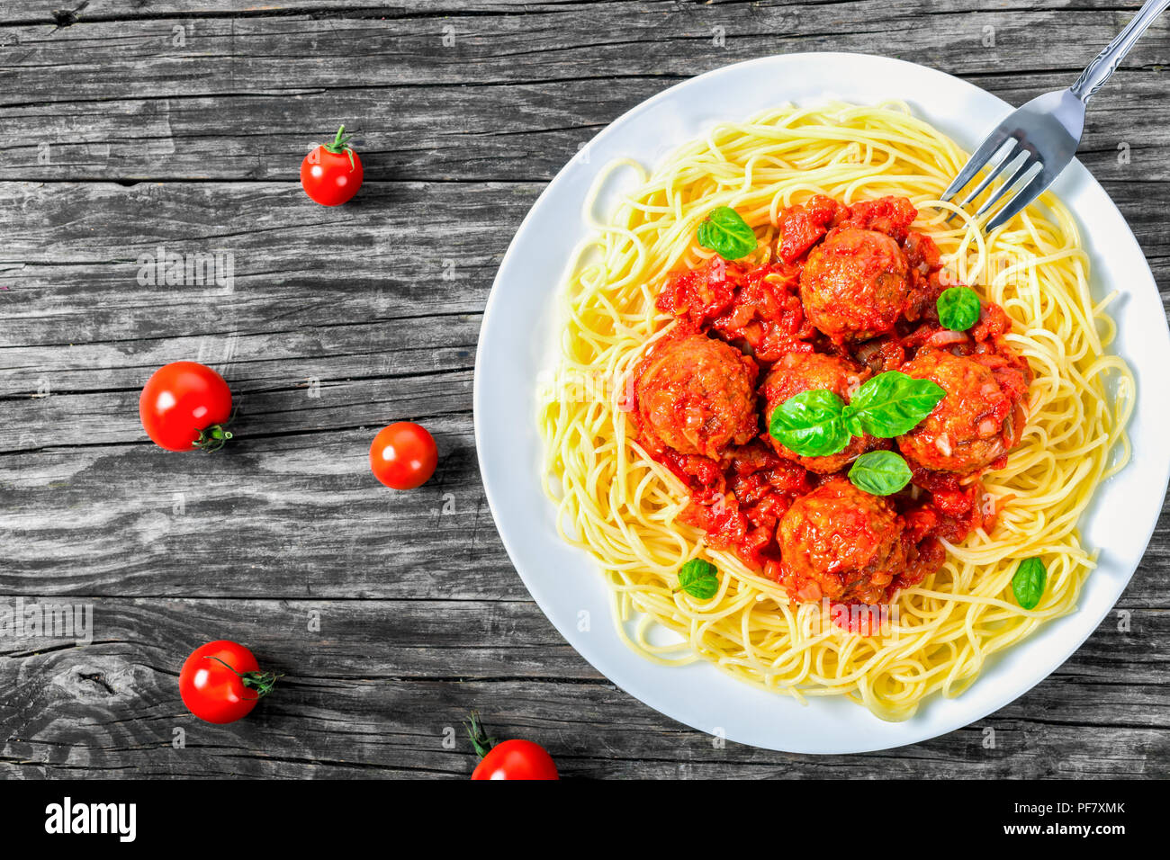 italian spahgetti with meatballs and tomato sauce, top view Stock Photo ...