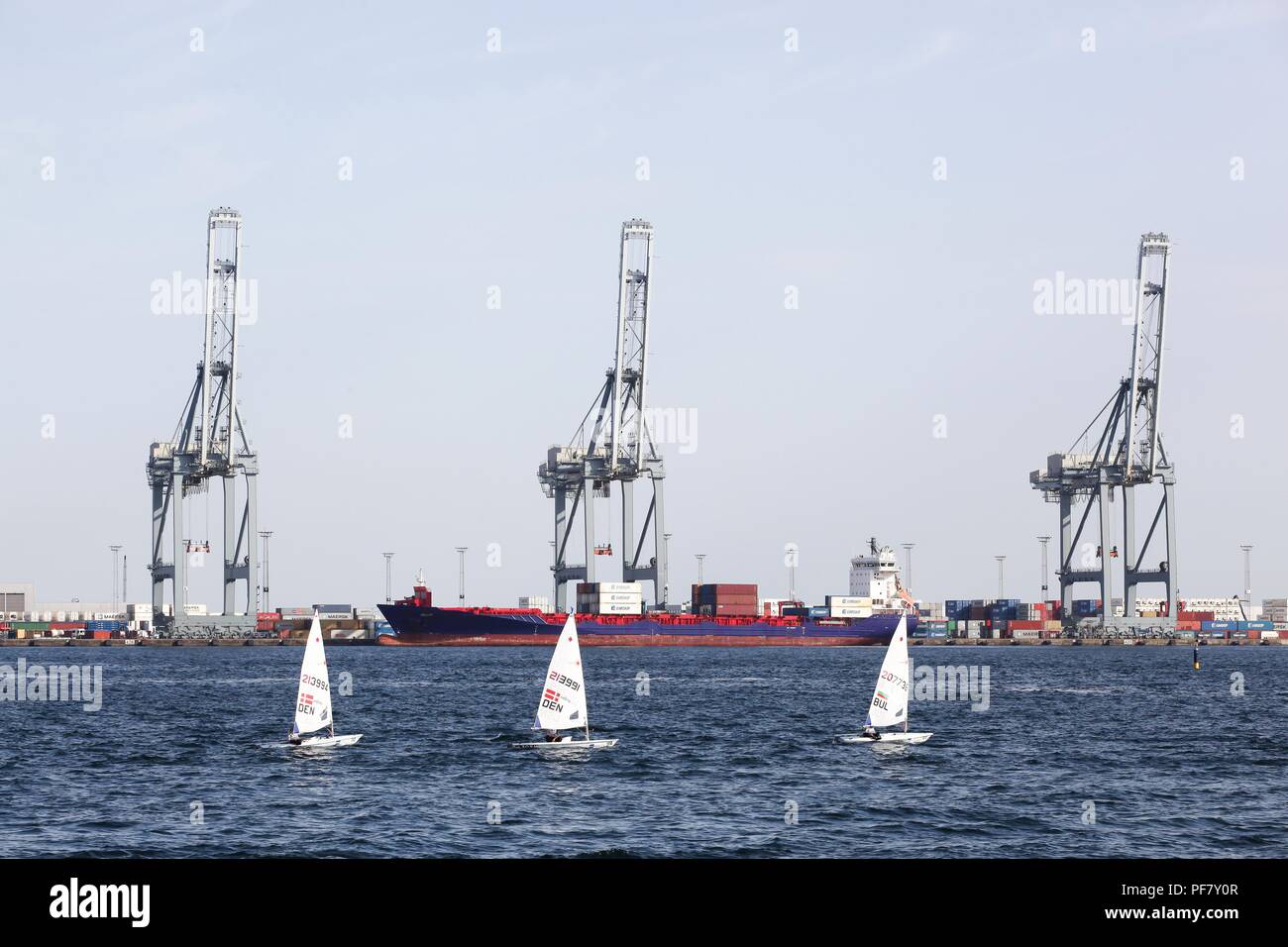 Aarhus, Denmark - August 7, 2018: Laser radial sailing ships in the ...