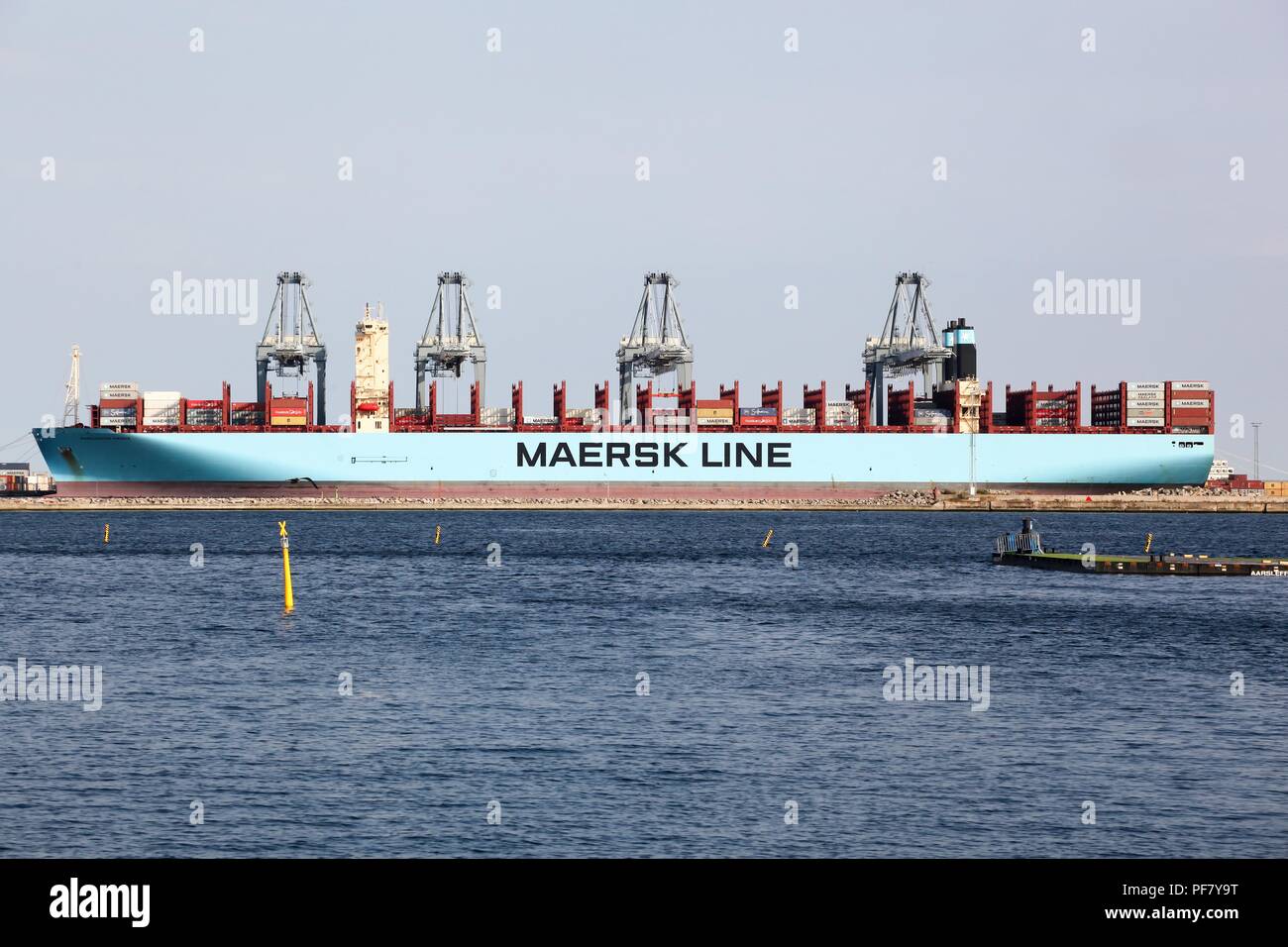 Aarhus, Denmark - August 9, 2018: Maersk ship in the harbor of Aarhus ...