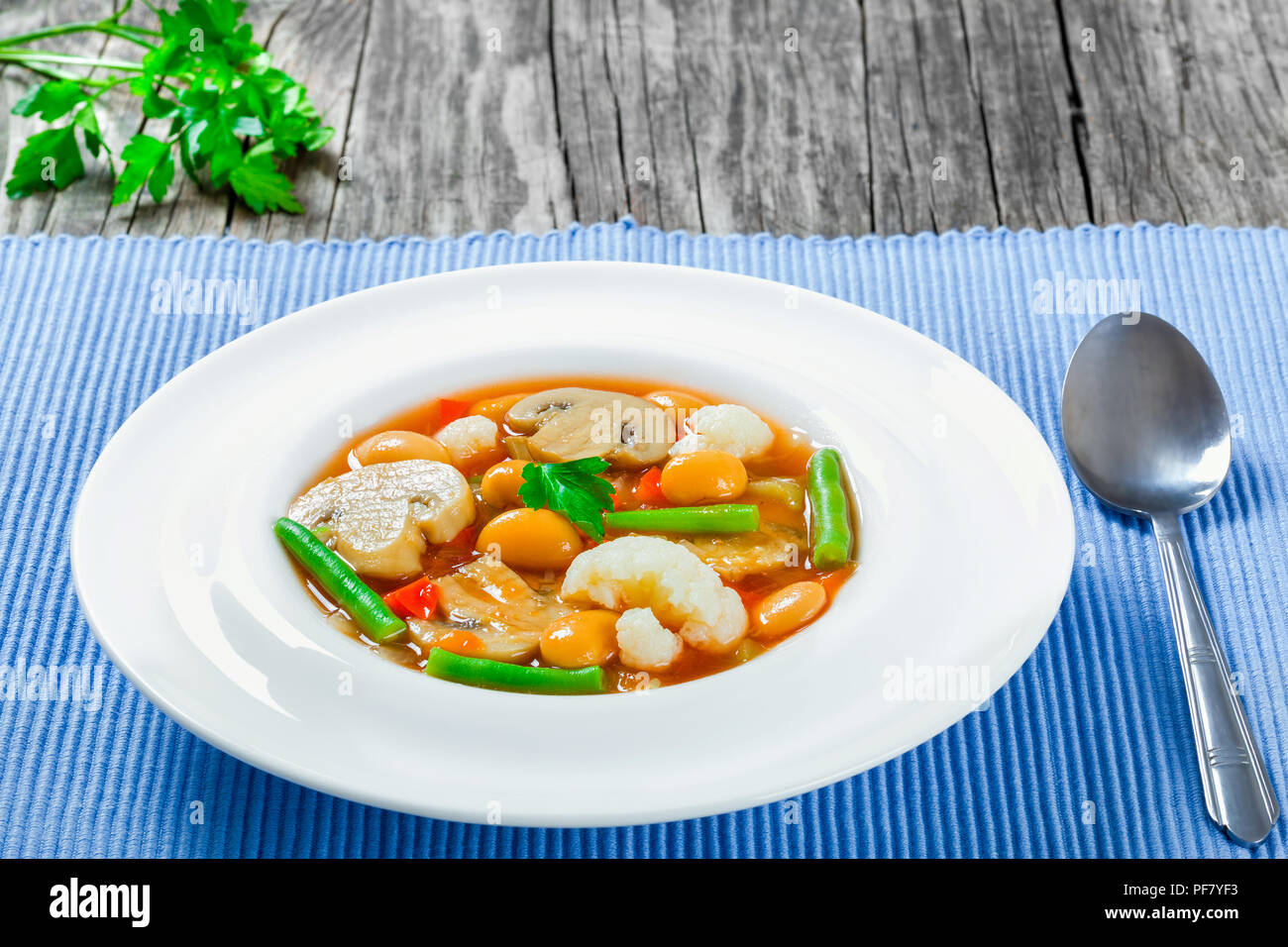 Minestrone vegetable soup with beans, cauliflower, tomatoes, close-up ...