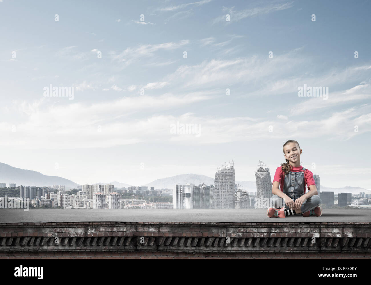 Concept of careless happy childhood with girl of school age smil Stock ...