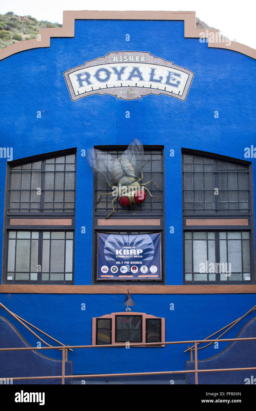 Old historic theatre with giant bug on front facade. Royal blue color ...