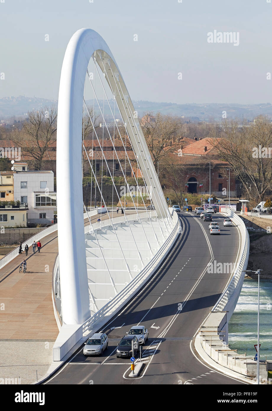 View of traffic and pedestrianised lanes on the bridge. Cittadella ...