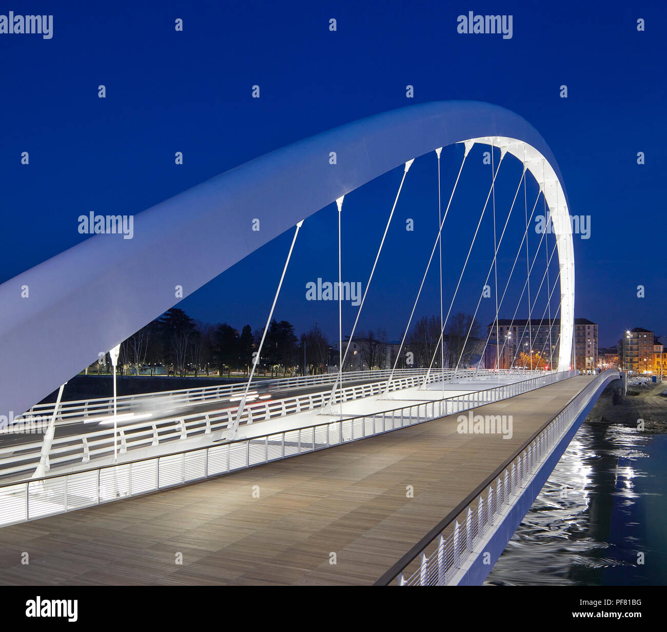 View of bridge at night. Cittadella Bridge, Alessandria, Italy ...