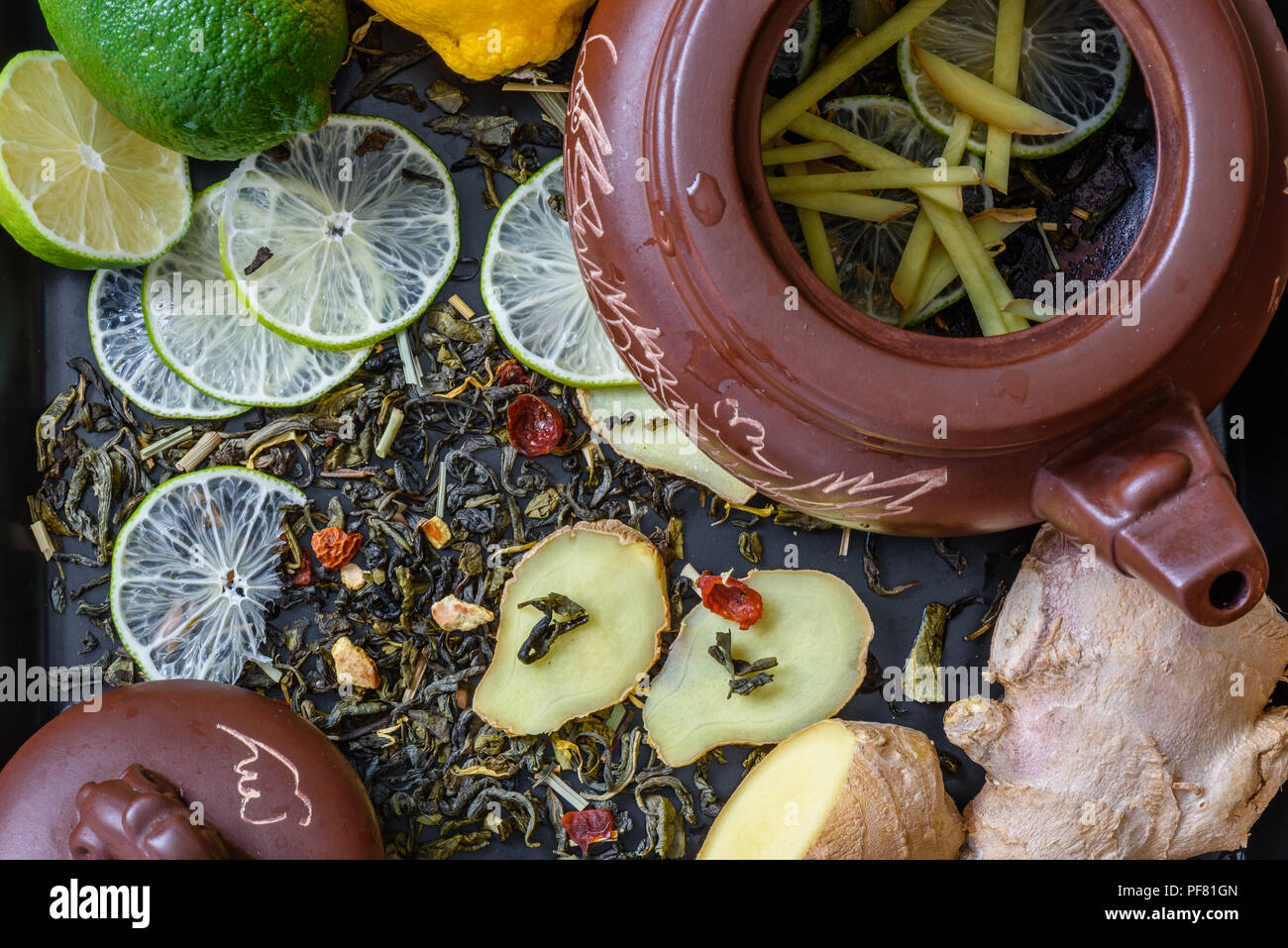 Ingredients for tea with lime and ginger. Beverage helpful for colds ...