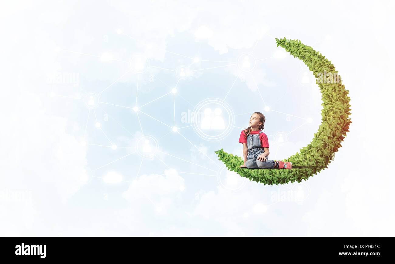 Concept of careless happy childhood with girl dreaming about som Stock ...