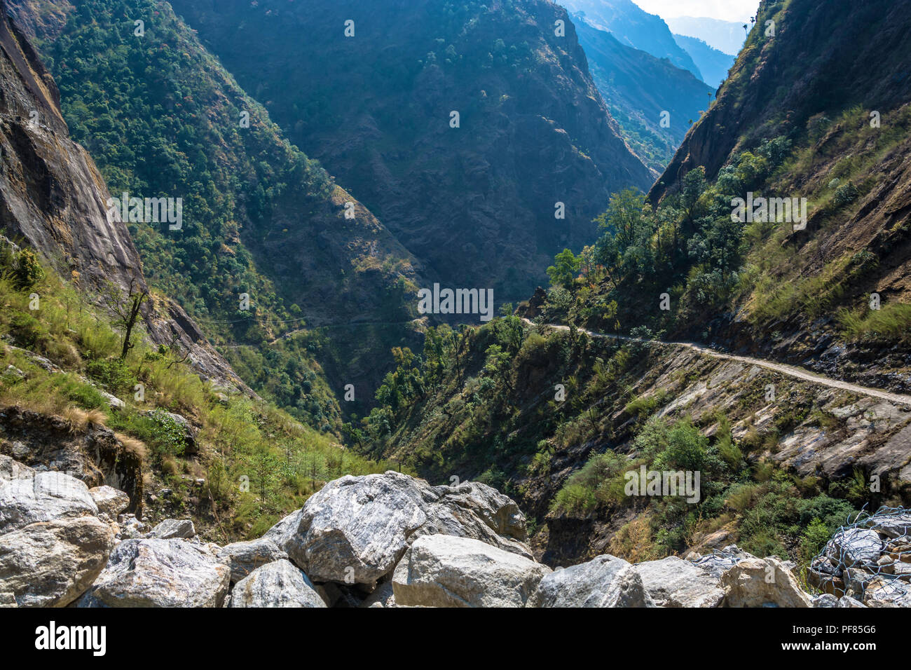 Beautiful mountain landscape with deep gorge in spring day, Himalayas ...