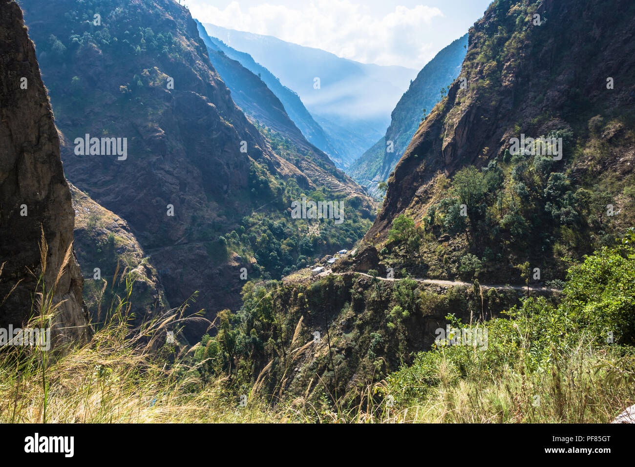 Beautiful mountain landscape with deep gorge in spring day, Himalayas ...