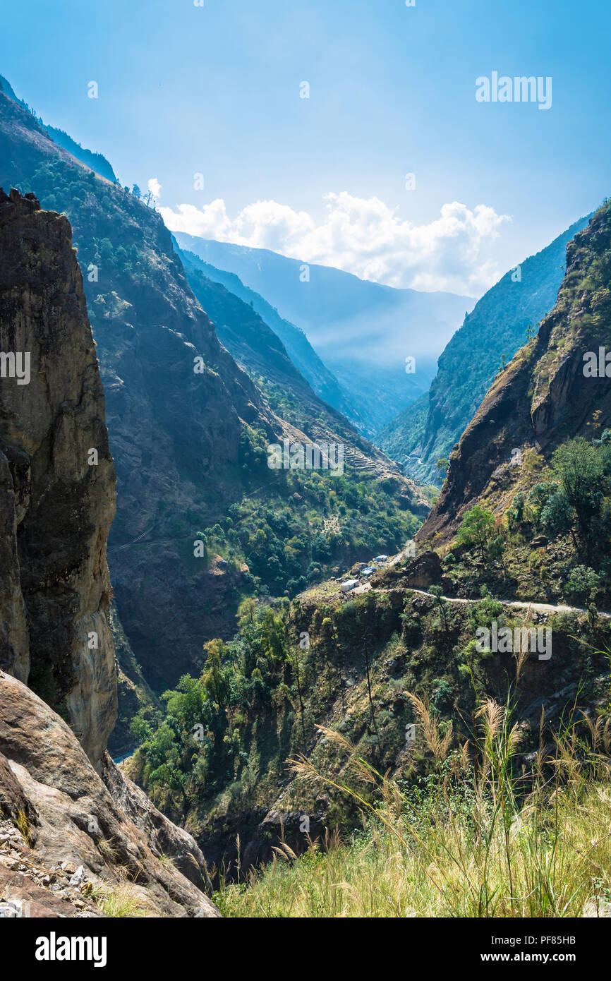 Beautiful mountain landscape with deep gorge in spring day, Himalayas ...