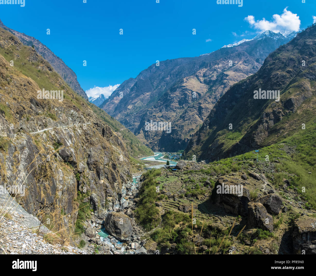 Mountain river in a deep gorge on a spring day, Himalayas, Nepal Stock ...