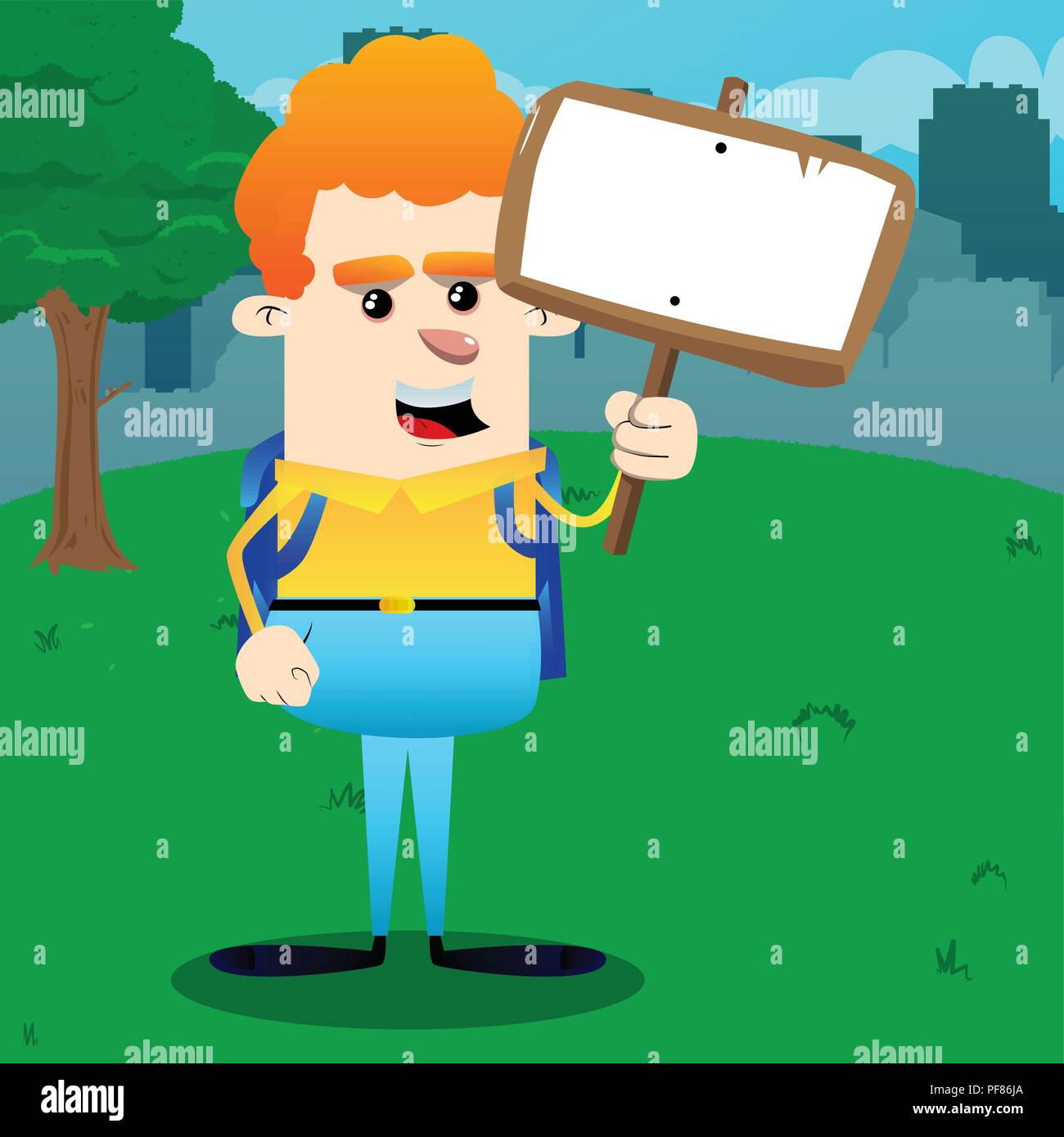 Schoolboy holding blank sign. Vector cartoon character illustration ...