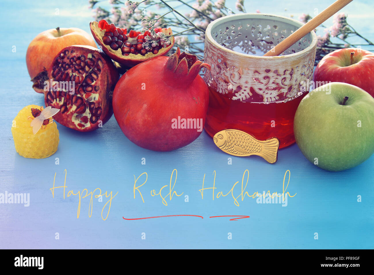 Rosh hashanah (jewish New Year holiday) concept. Traditional symbols ...