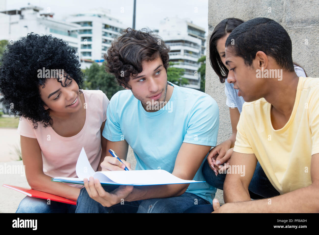 Group of brazilian students learning outdoors on campus in summer Stock ...