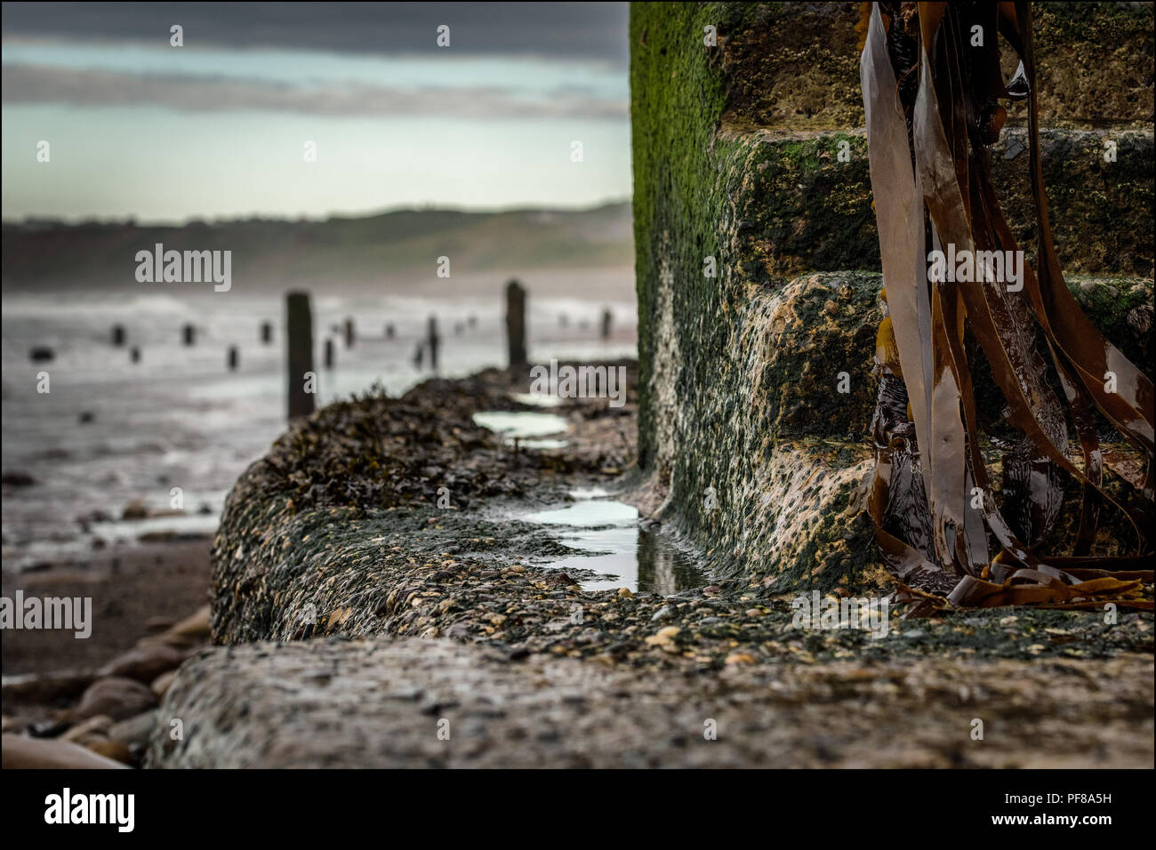Old stone steps leading down to the beach at Sandsend, North Yorkshire ...