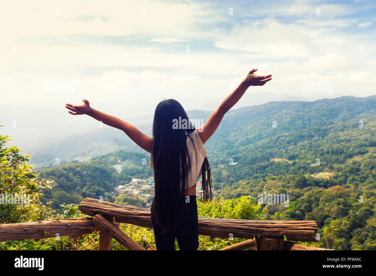 Travel in Asia, People travel in national park on background rainforest ...