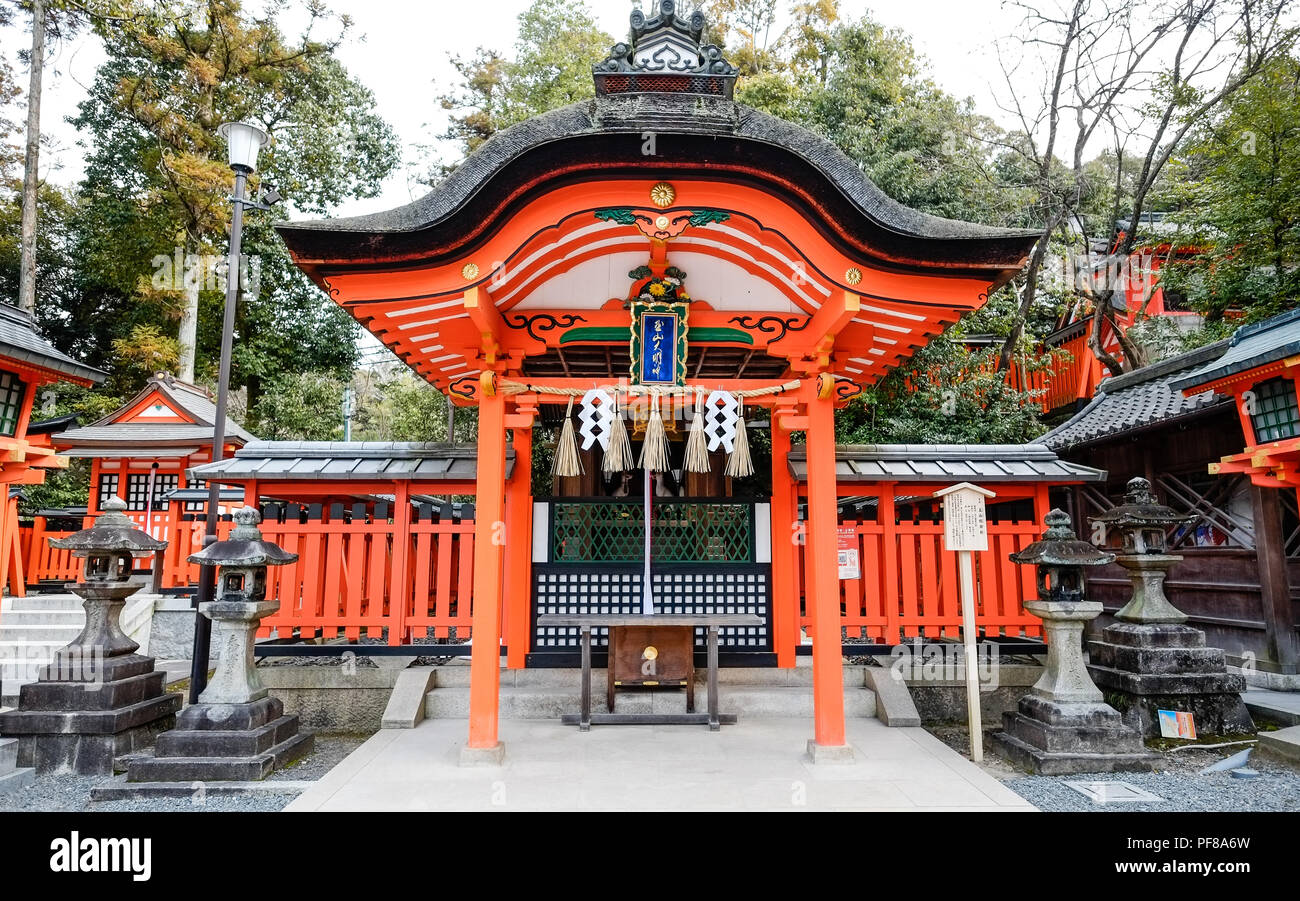 Japanese traditional temple with golden red roof under blue sky in ...