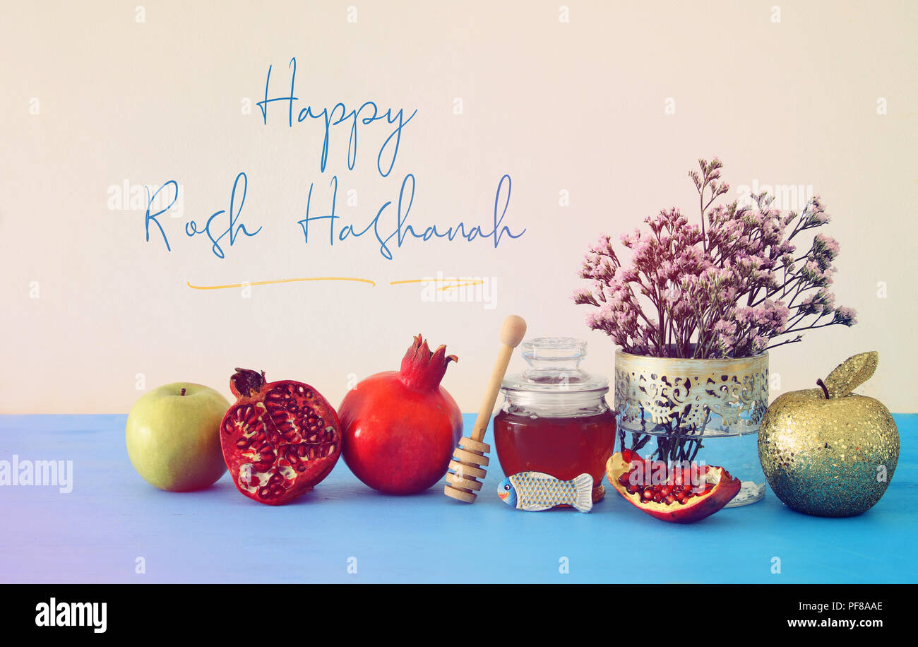 Rosh hashanah (jewish New Year holiday) concept. Traditional symbols ...