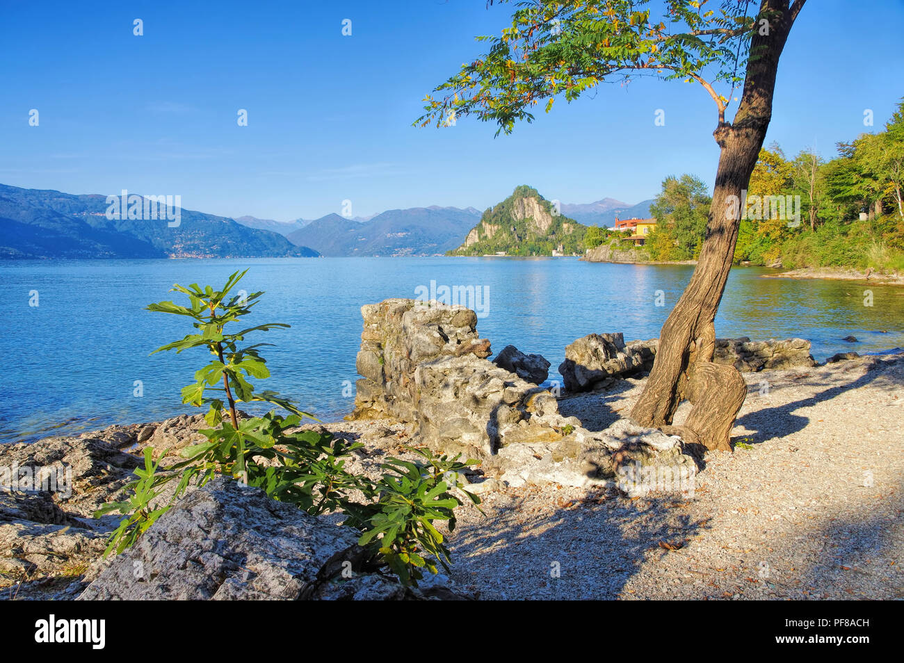 Castelveccana, the beach Cinque Arcate on lake Lago Maggiore in ...