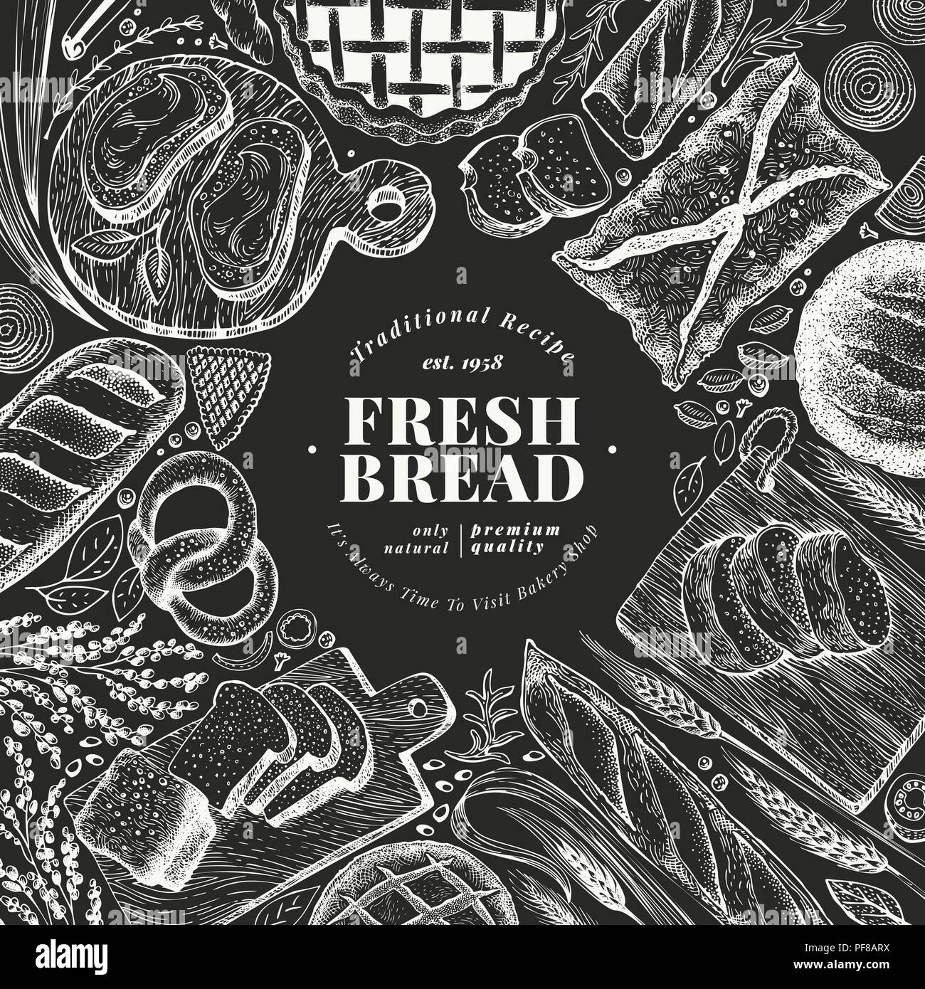 Bakery top view frame. Hand drawn vector illustration with bread and ...