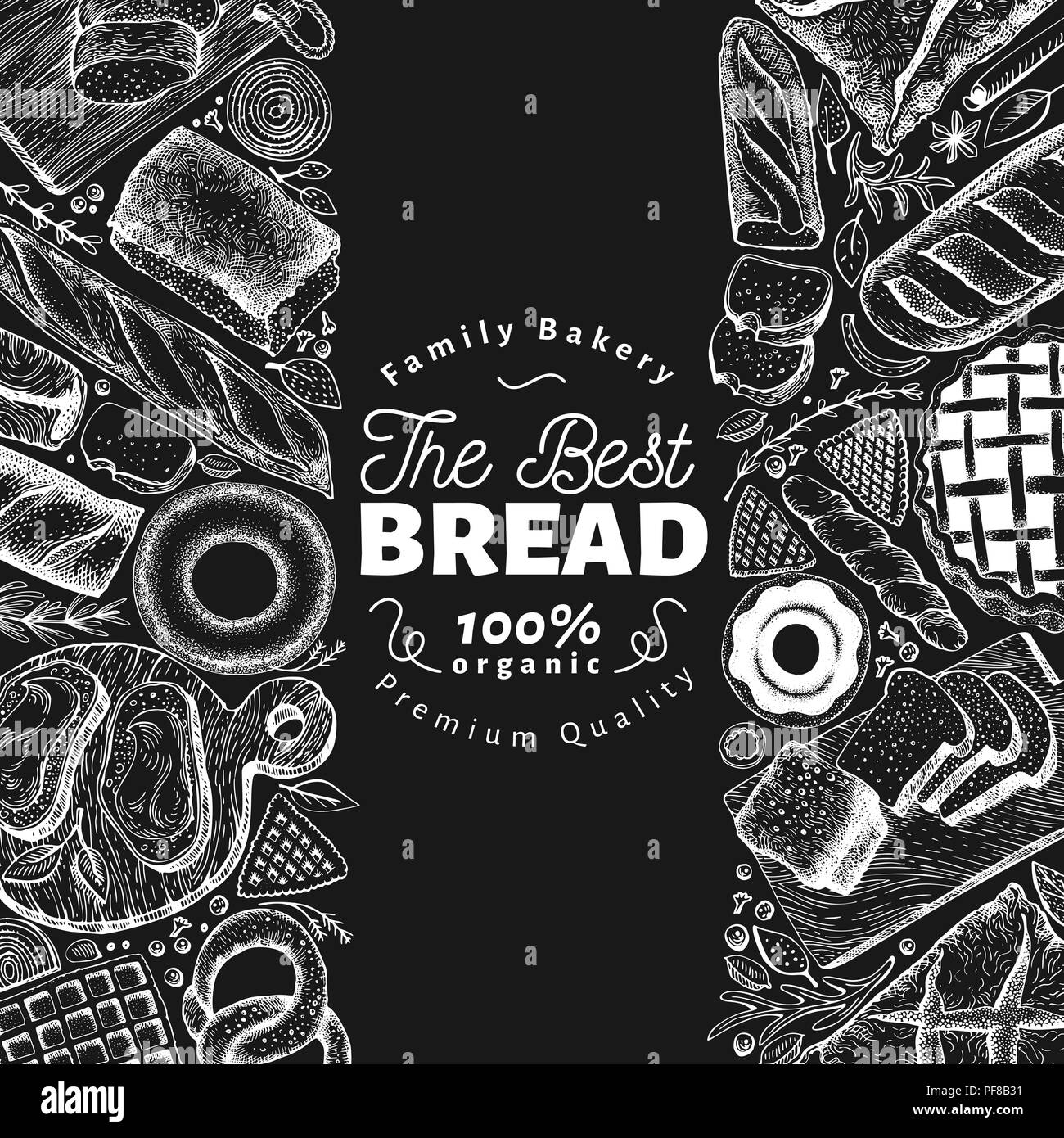 Bakery top view frame. Hand drawn vector illustration with bread and ...