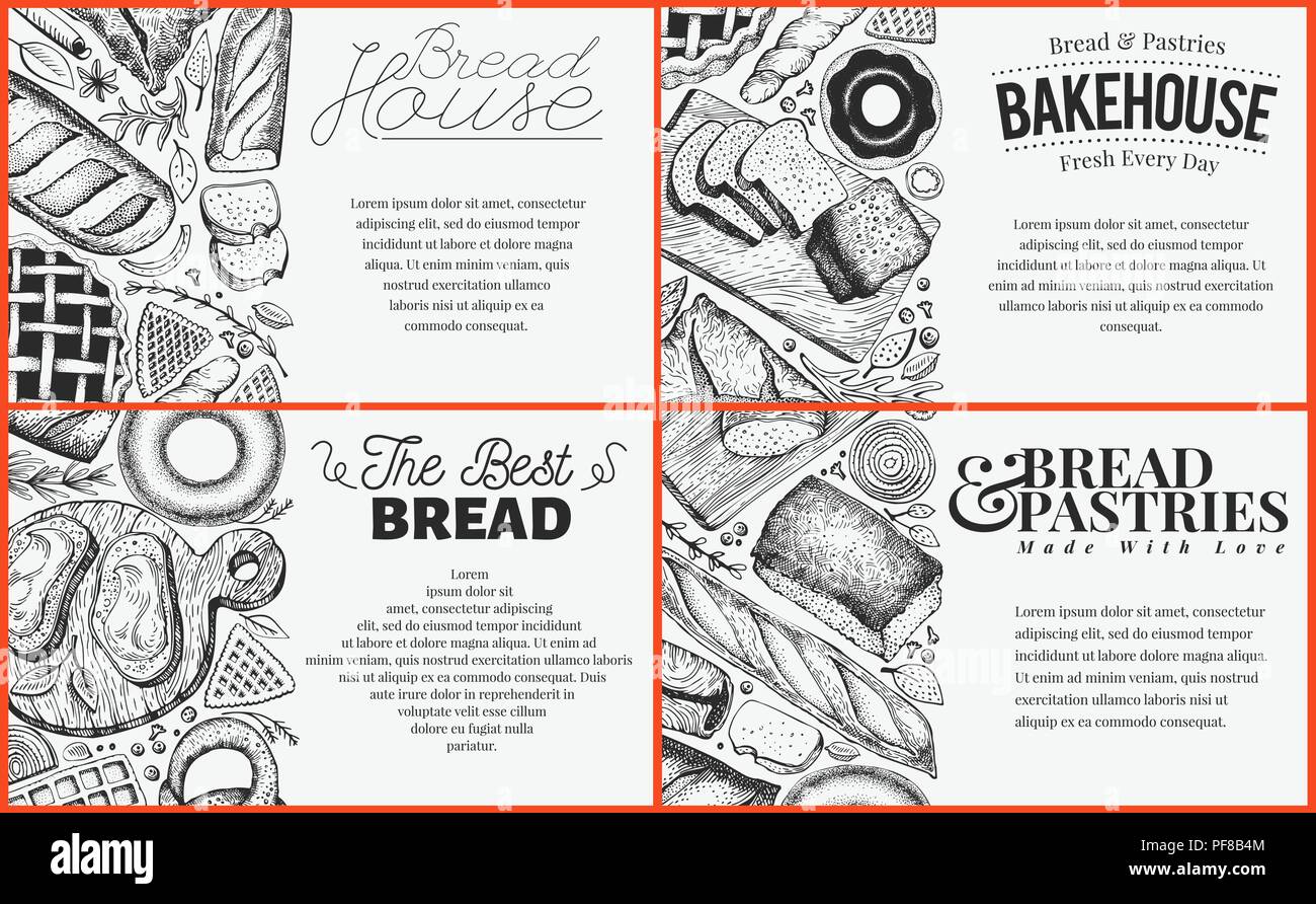 Bakery top view baner design set. Hand drawn vector illustration with ...