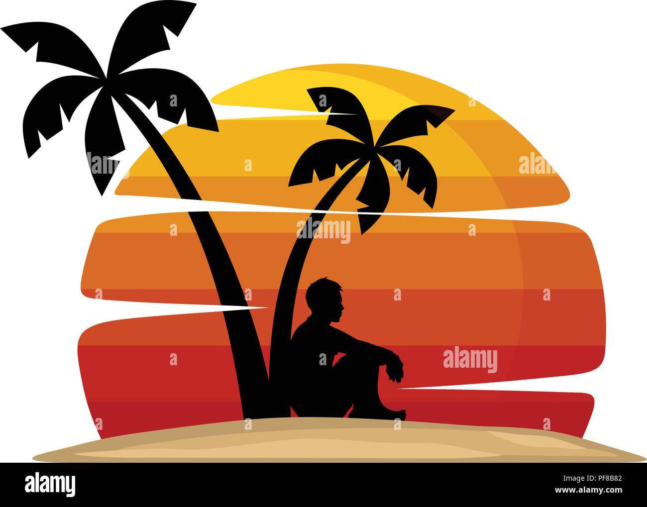 man sit under palm tree summer holiday beach vacation vector art Stock ...