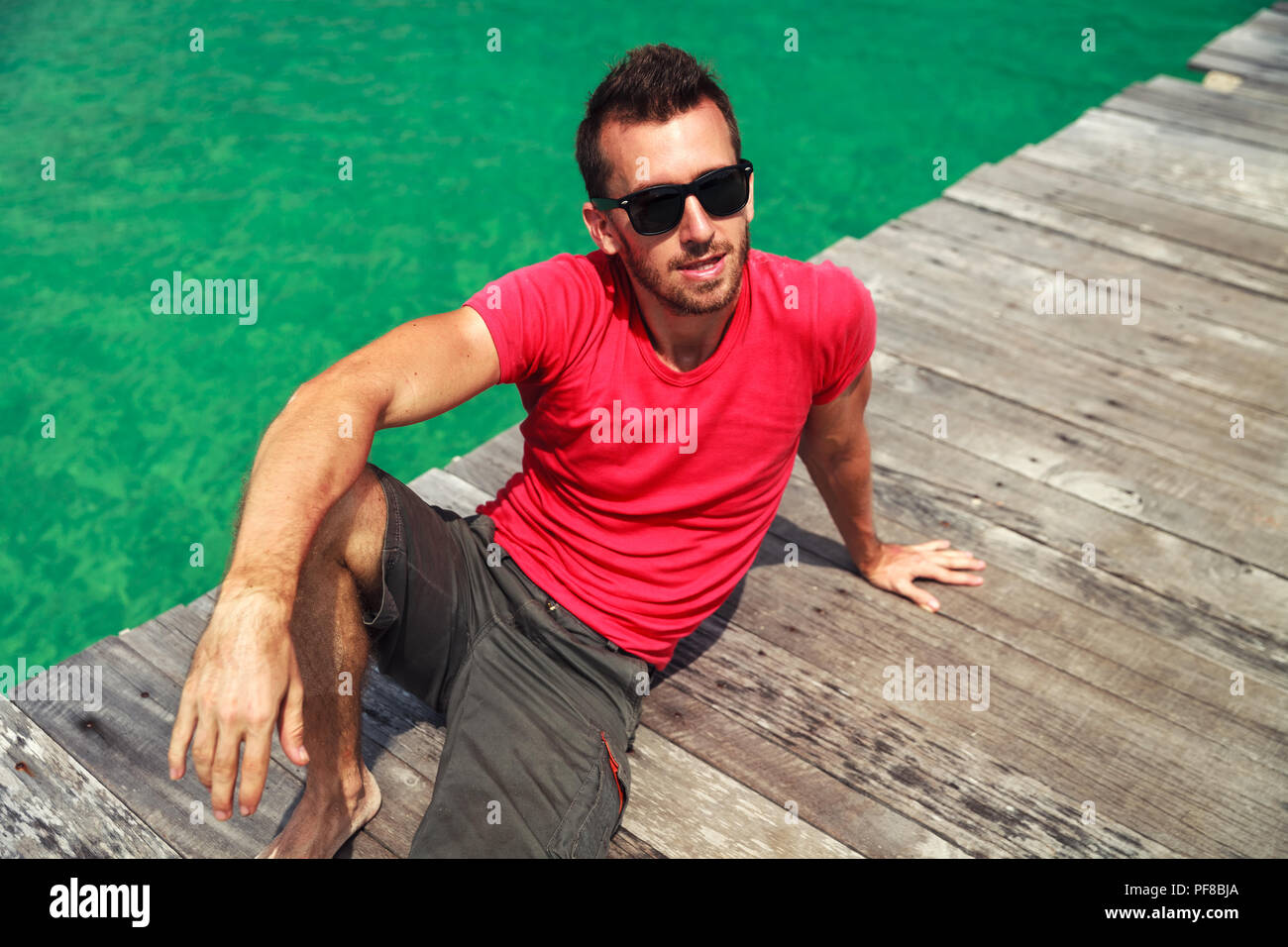 Happy travel tourist men enjoy vacation on tropical beach Stock Photo ...