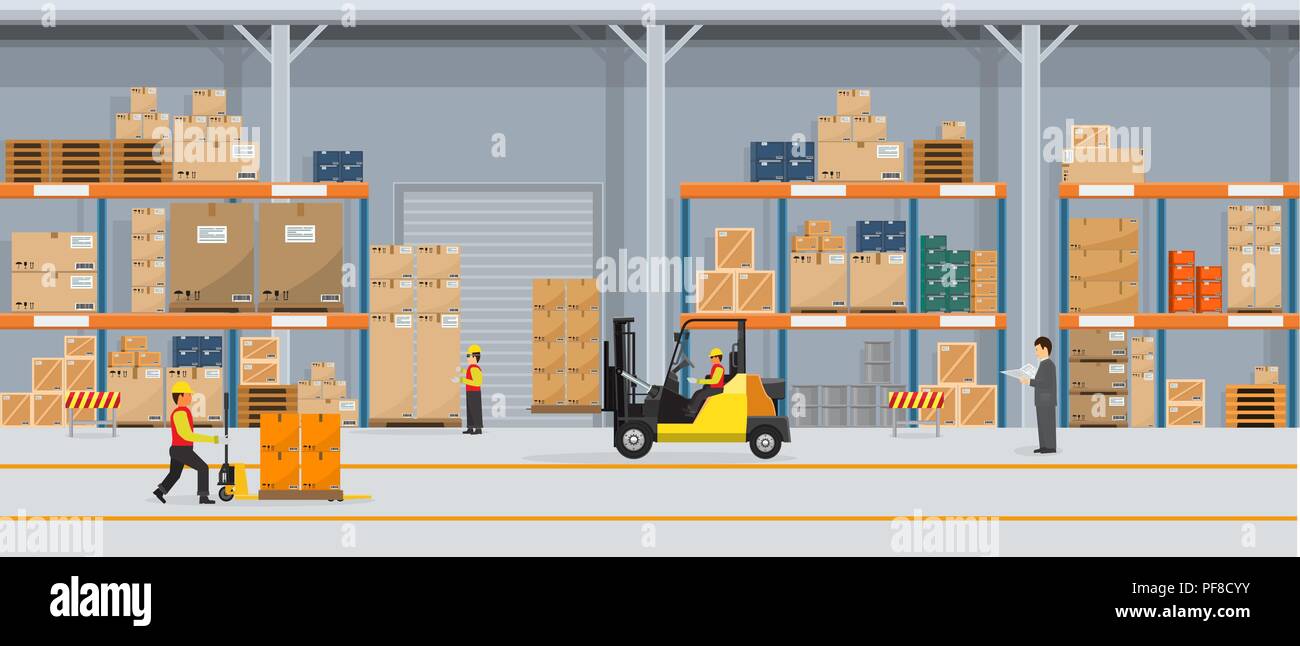Warehouse Interior with Boxes On Rack And People Working. Flat vector ...