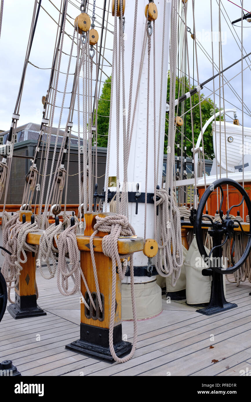 Rigging ropes on the deck of The Cutty Sark at Greenwich London UK ...