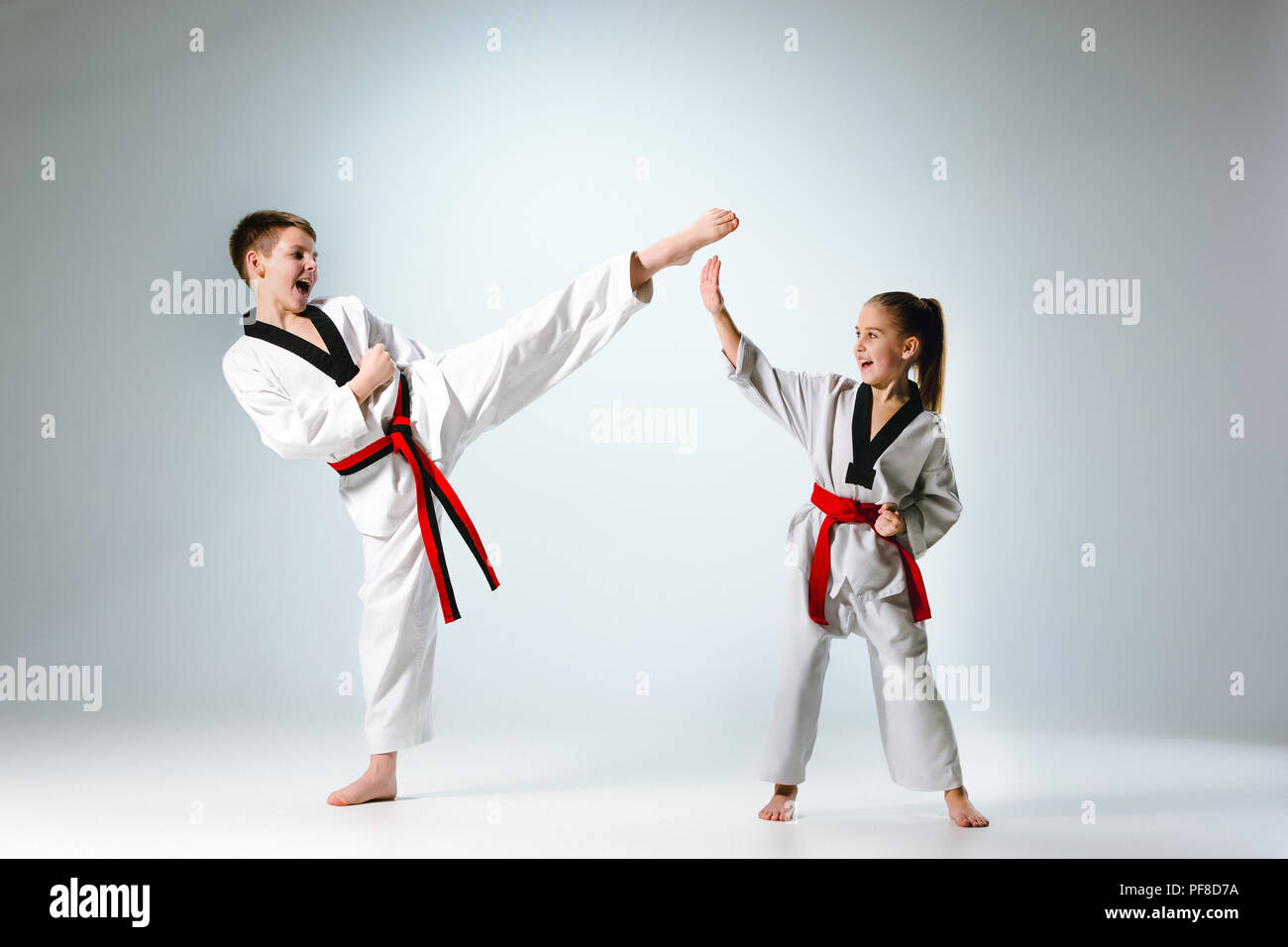 The studio shot of group of kids training karate martial arts on gray ...