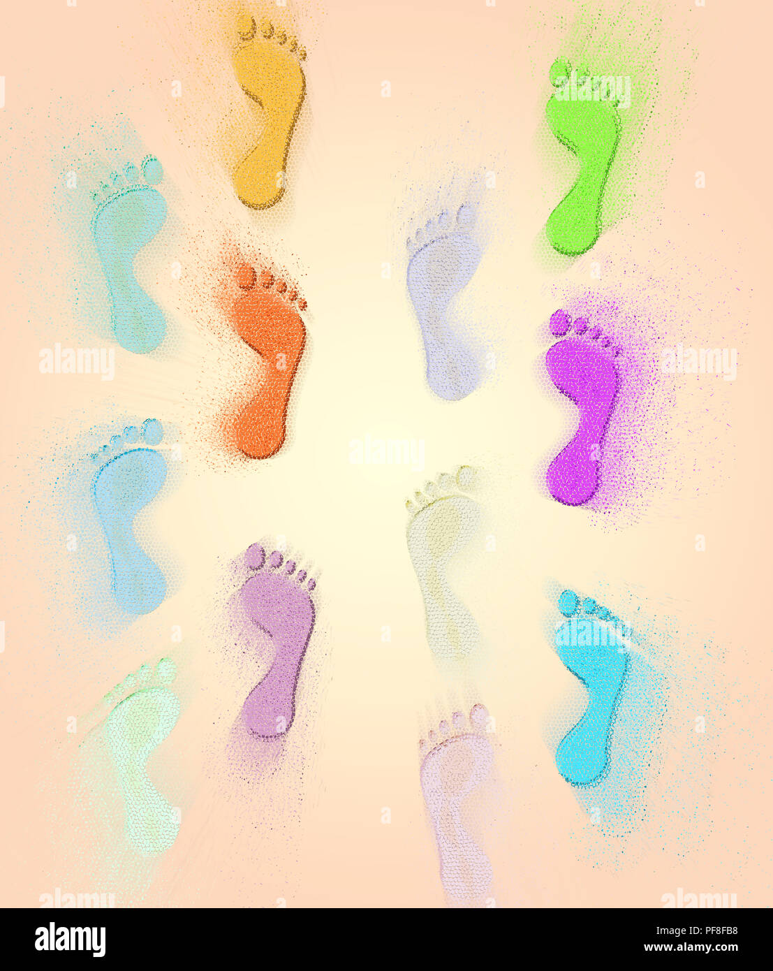 Digitally painted image of two colourful sets of footprints. A concept ...