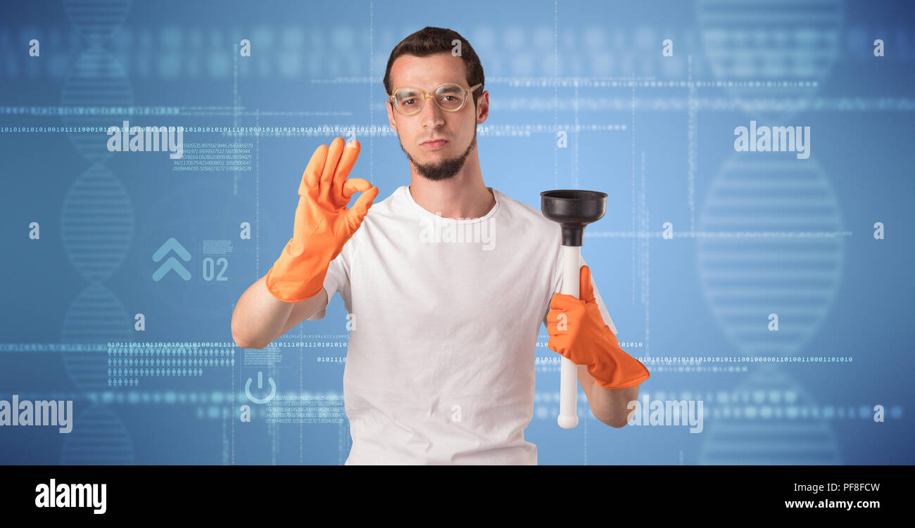 Crowd cleaning theme with male housekeeper and DNS concept wallpaper ...
