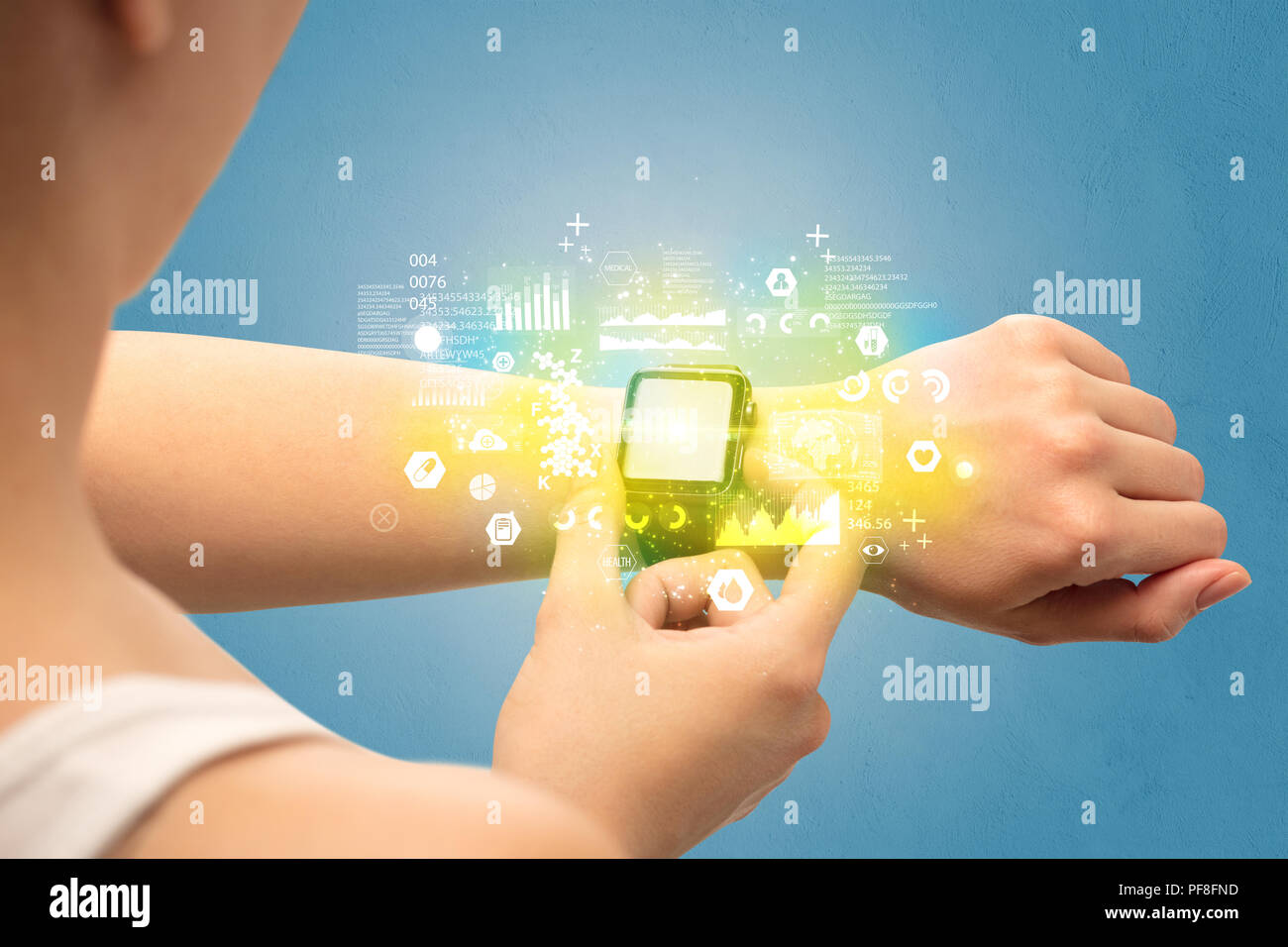 Hand with smartwatch and health medical tracker concept Stock Photo - Alamy