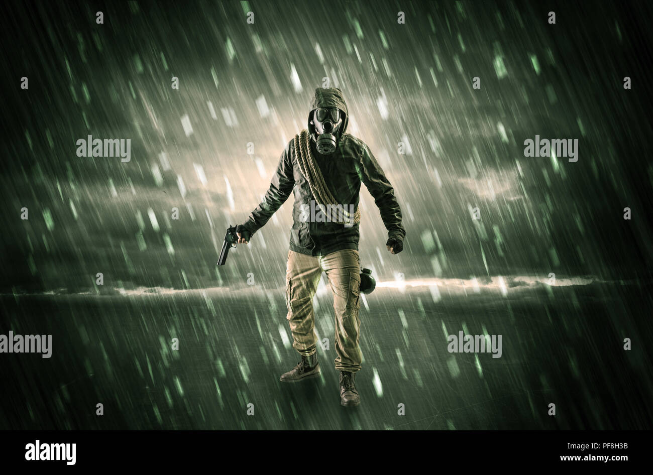 Terrorist in a stormy space with gas mask on his hand and weapons on ...