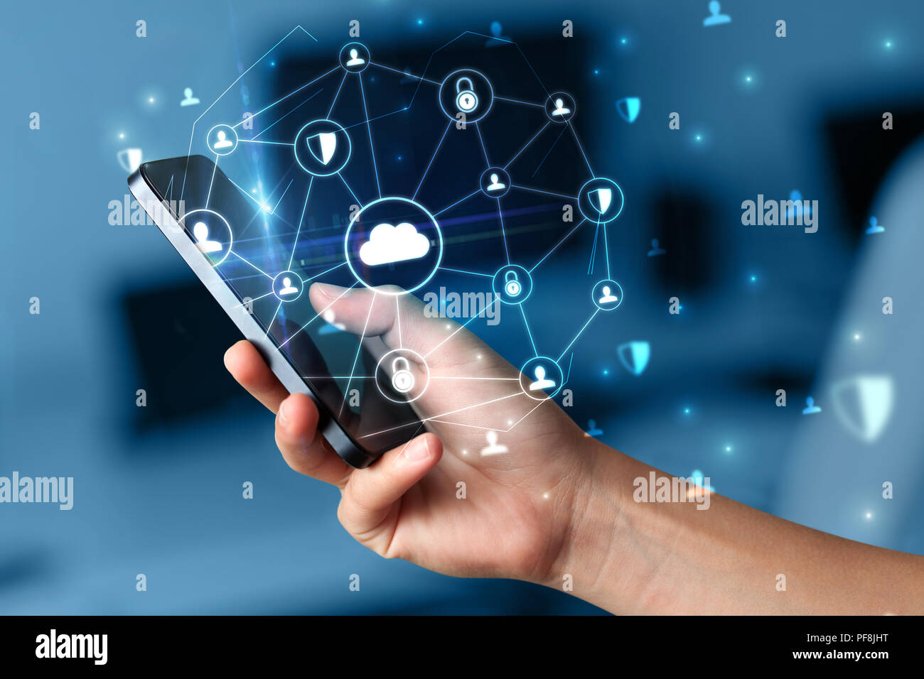 Hand Using Phone With Centralized Cloud Computing System And Network Security Concept Stock