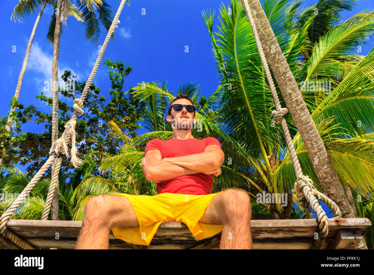 Happy travel tourist men enjoy vacation on tropical beach Stock Photo ...