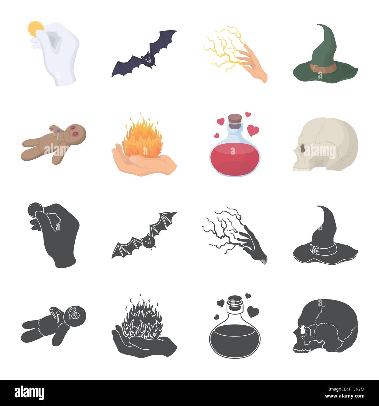 A voodoo doll, a magical fire, a love potion, a skull.Black and white ...