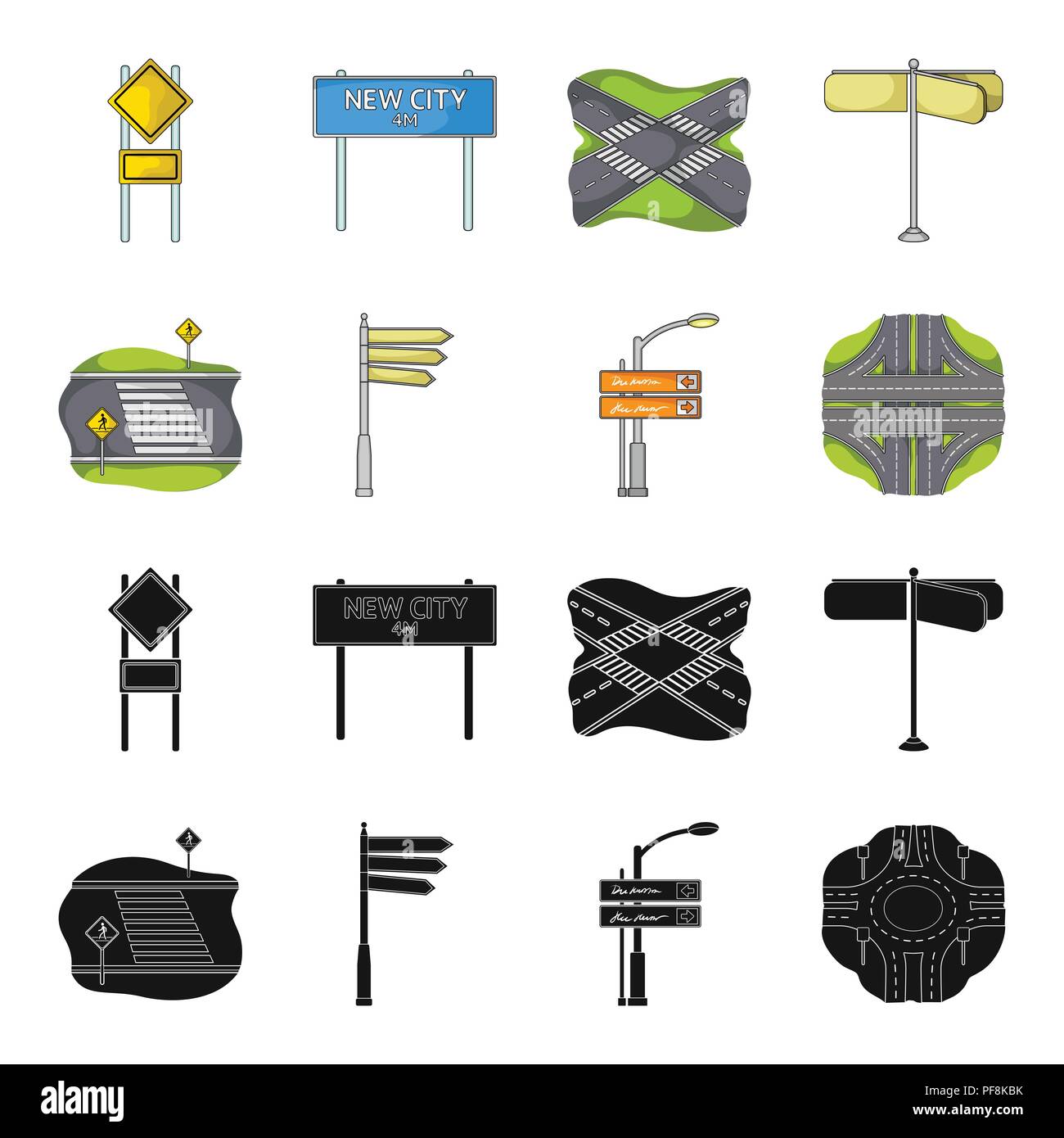 Direction signs and other icon in black,cartoon style.Road junctions ...