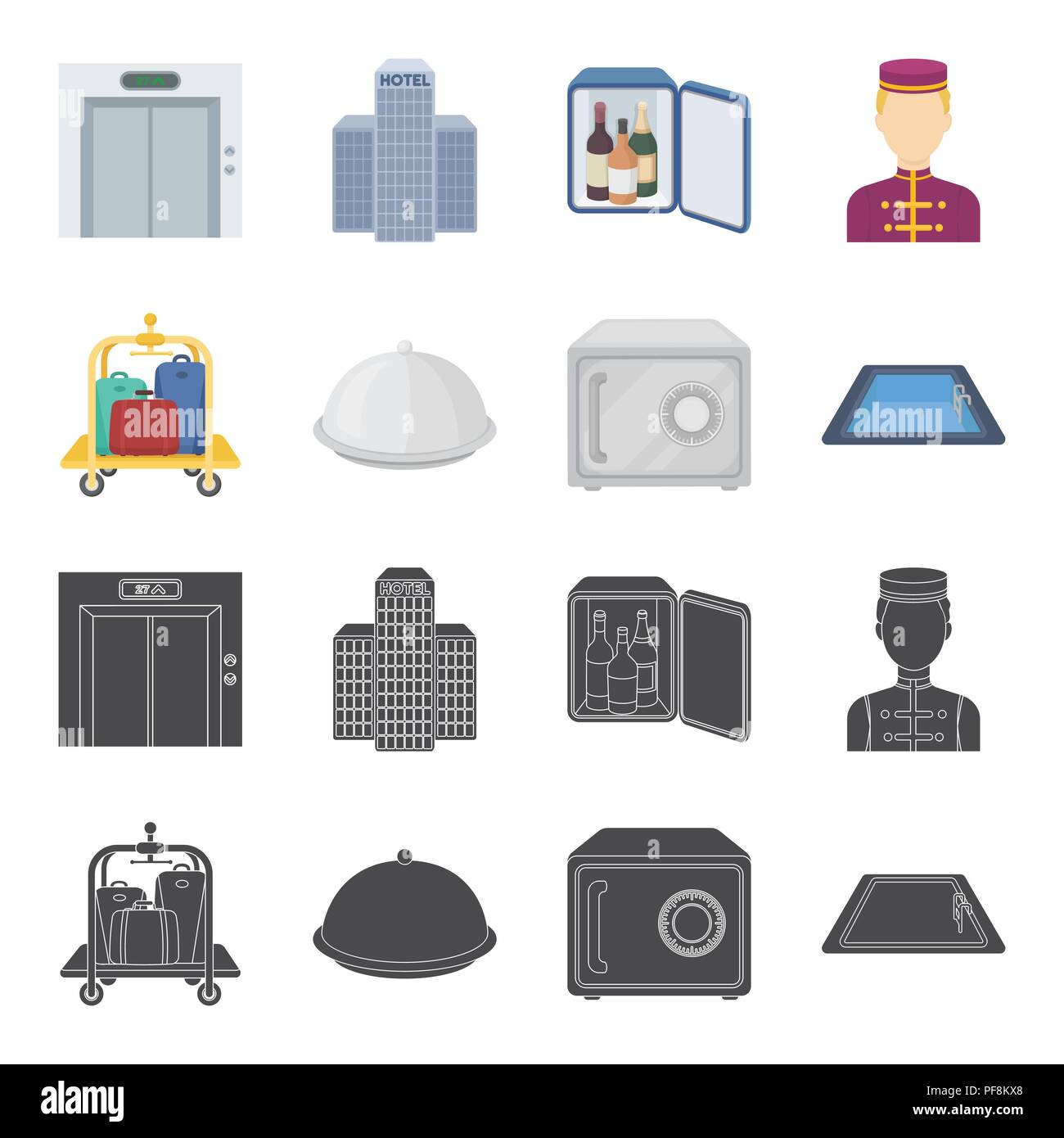 Trolley with luggage, safe, swimming pool, clutch.Hotel set collection ...