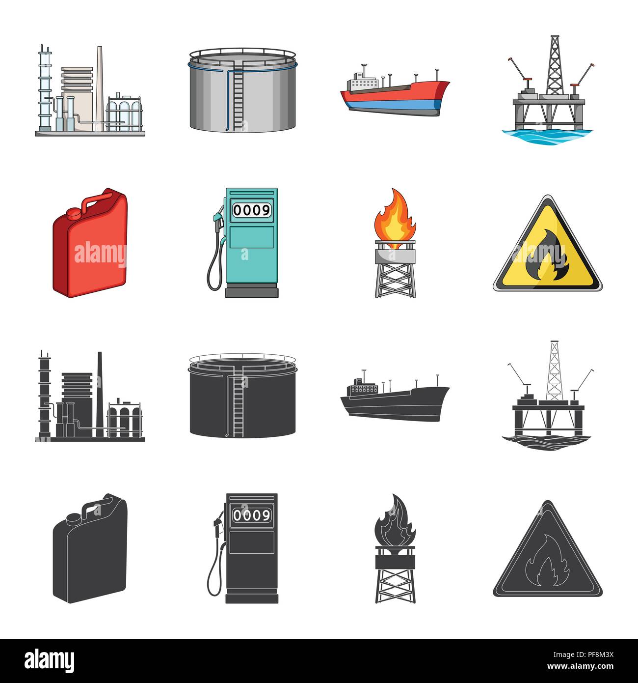 Canister for gasoline, gas station, tower, warning sign. Oil set ...