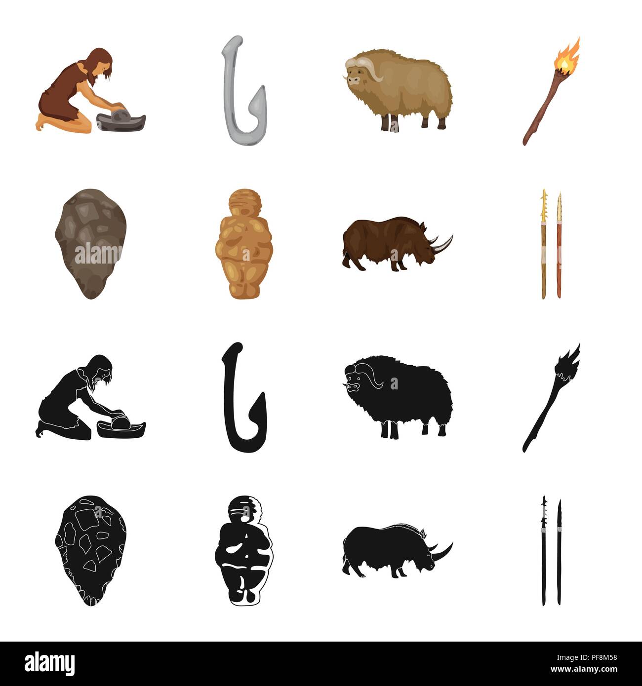 Primitive, woman, man, cattle .Stone age set collection icons in black ...