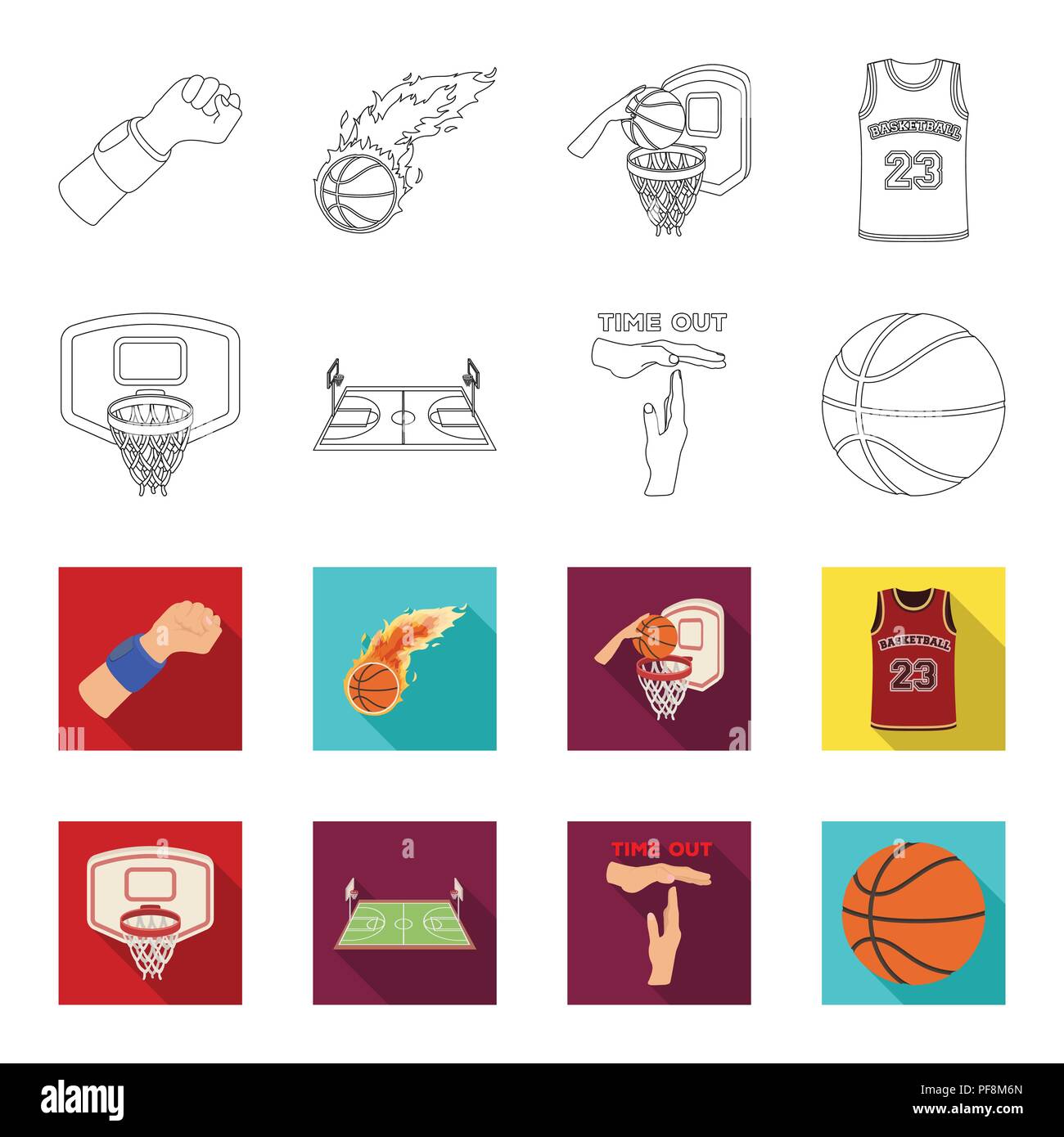 Basketball and attributes outline,flet icons in set collection for ...