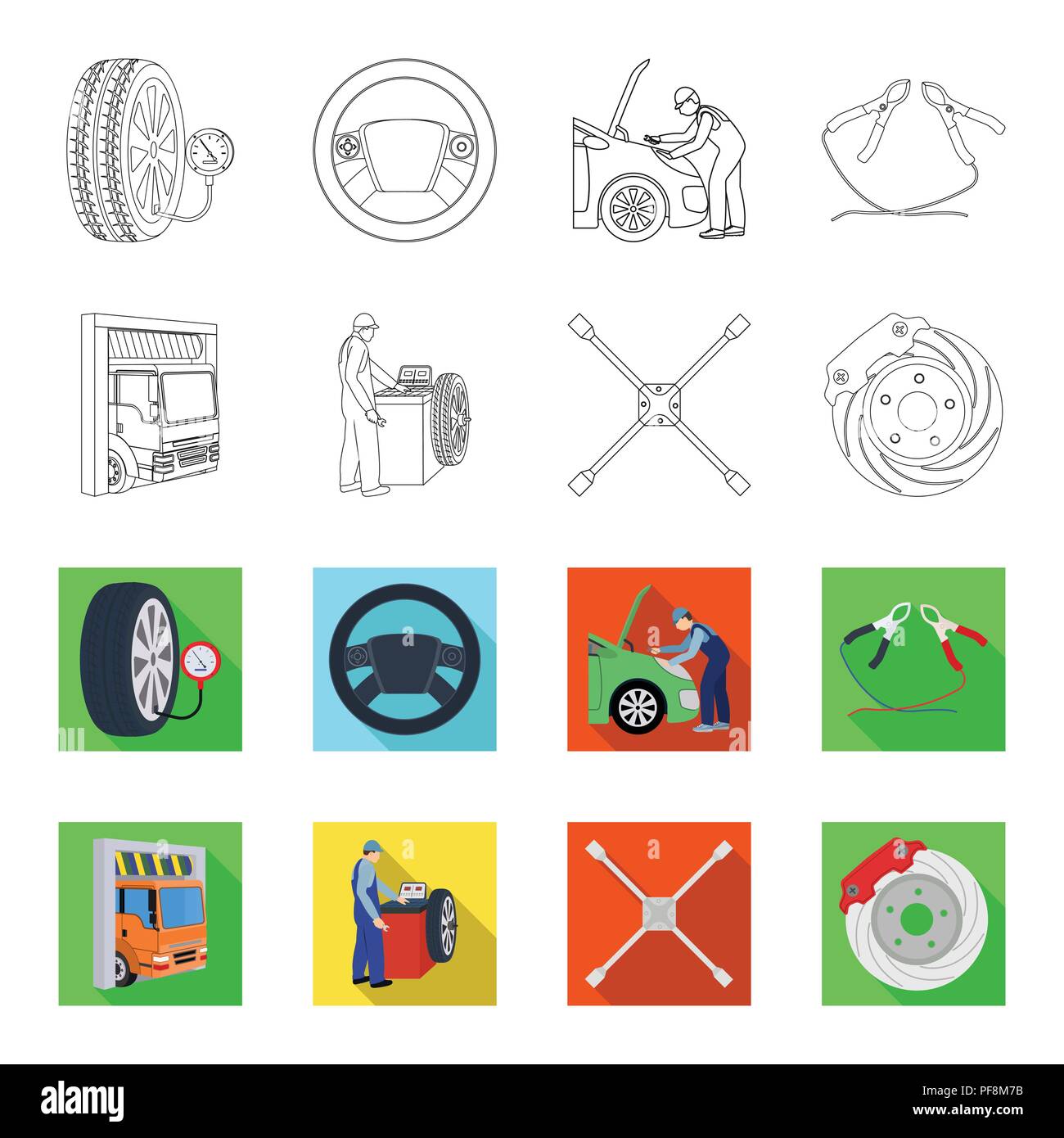 Wheel balancing, spanner and brake disc outline,flet icons in set ...