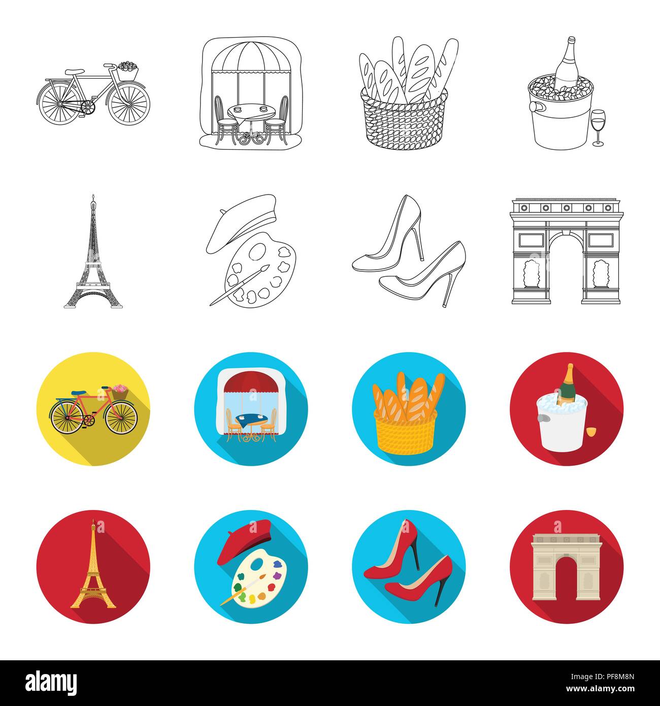 Eiffel tower, brush, hat .France country set collection icons in ...